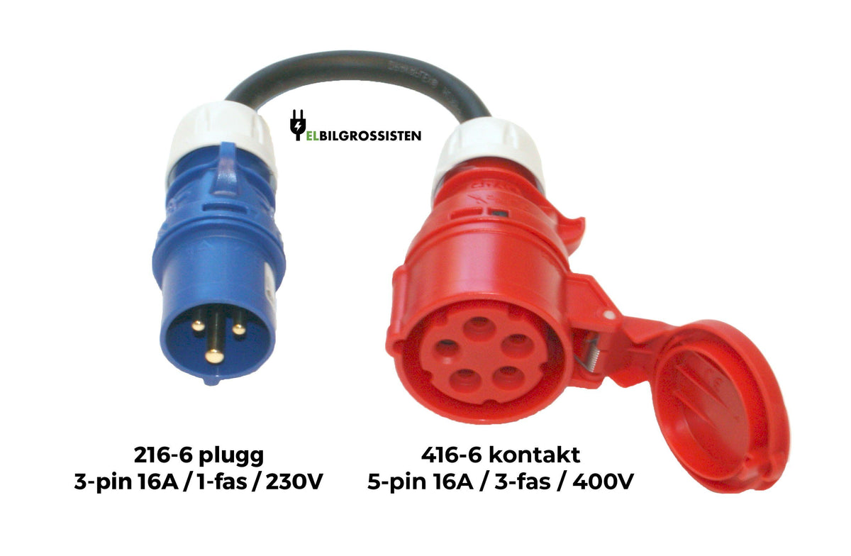 Ladekabel adapter - 16A blå CEE støpsel (1-fas) til 16A rød CEE ...